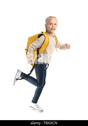 Cute preschool child with backpack, running for the train on a ...