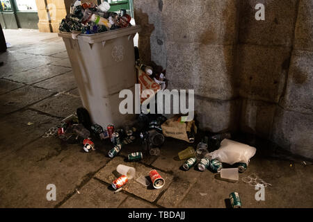 Empty cans and rubbish left by football fans in Plaza Mayor in Madrid ...