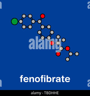 Fenofibrate cholesterol lowering drug (fibrate class) molecule. Blue ...