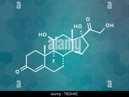 Fludrocortisone aldosterone hormone substitution drug molecule. Blue ...