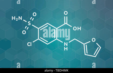 Furosemide diuretic drug molecule. Medically used to treat hypertension ...