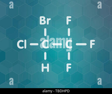 Halothane general anesthetic drug molecule. Stylized skeletal formula ...