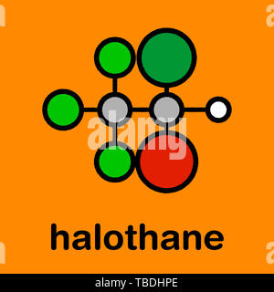 Halothane general anesthetic drug molecule. Blue skeletal formula on ...