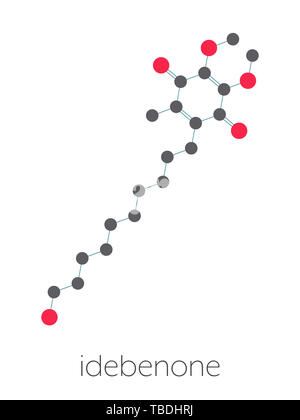 Idebenone drug molecule. White skeletal formula on dark teal gradient ...