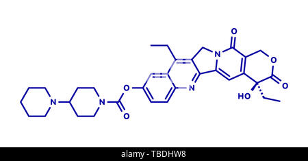 Irinotecan cancer chemotherapy drug molecule. Stylized skeletal formula ...