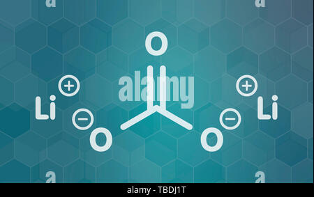 Lithium carbonate (Li2CO3) bipolar disorder drug molecule. Blue ...