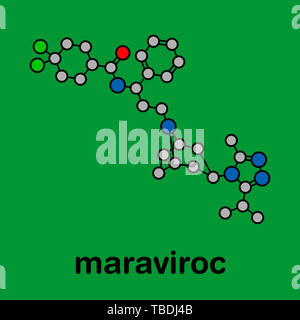 Maraviroc HIV drug molecule (entry inhibitor class). Blue skeletal ...