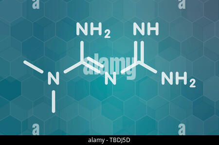 Metformin diabetes drug (biguanide class) molecule. Blue skeletal ...