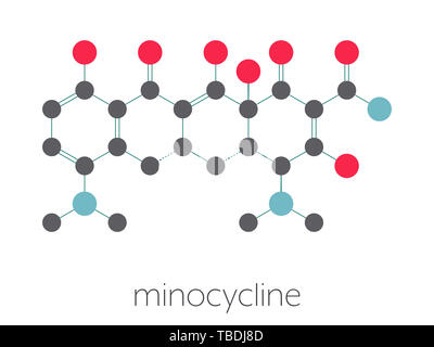 Minocycline antibiotic drug (tetracycline class) molecule. Blue ...