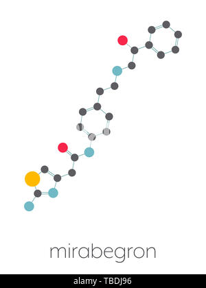 Mirabegron overactive bladder treatment drug molecule. White skeletal ...