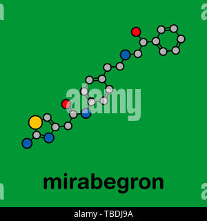 Mirabegron overactive bladder treatment drug molecule. White skeletal ...