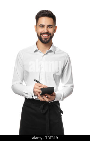 Handsome waiter with notebook on white background Stock Photo - Alamy