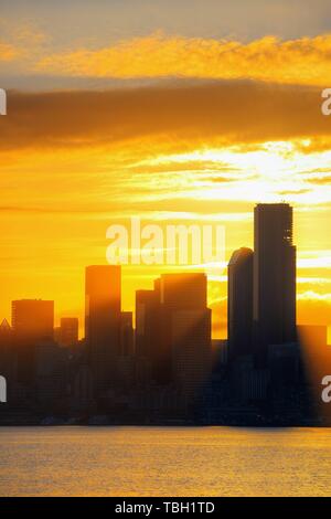 Seattle sunrise with downtown building silhouette Stock Photo - Alamy