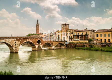 Amazing panorama of the Adige River running along ancient buildings of ...