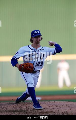 The Plate. 1st June, 2019. Haylen Green #23 TCU relief pitcher delivers ...