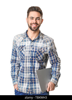 Male programmer with laptop on white background Stock Photo - Alamy
