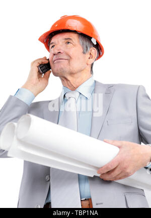 senior engineer with blueprints talking on cell phone Stock Photo - Alamy