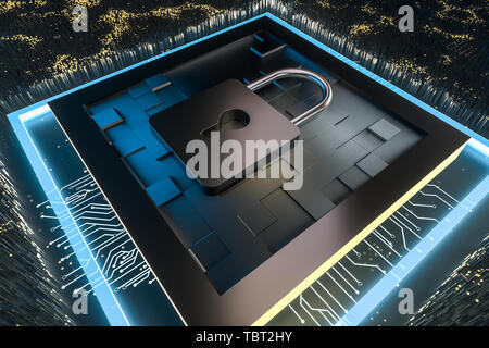 Three-dimensional rendering, metal encryption lock with tech background ...