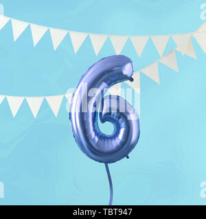 Happy 6th birthday blue surprise balloon and box. 3D Rendering Stock ...