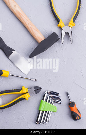 Topview of Different Work Tools on Wood Background- Stock Photo Stock ...