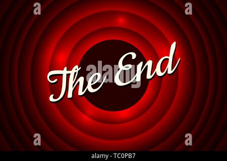 The End handwrite title on red round background. Old movie circle ...
