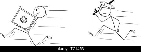Cartoon police chasing man, vector illustration. Black outlined and ...