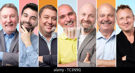 Collage of handsome senior business man over white isolated background ...