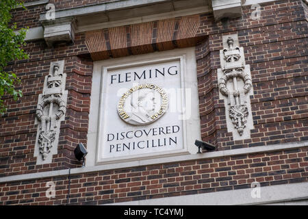 A plaque commemorating Sir Alexander Fleming discovering penicillin at ...