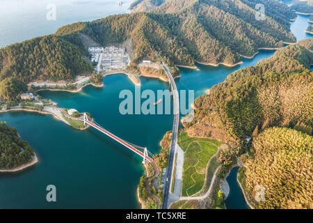 Aerial view of islands in Qiandao Lake (Thousand Island Lake), Jiande ...