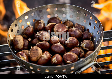 Roasting grilled Chestnuts on barbecue with flames, fire and charcoal ...