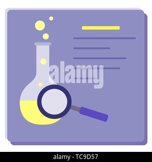 Vector illustration with flask with bubbles, magnifier. Print with ...