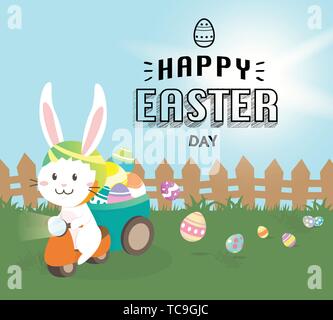 Happy Easter Greeting Card with Cute White Bunnies and Eggs Stock ...