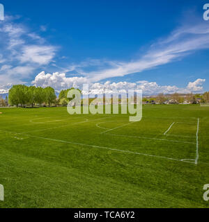 Frame Square Soccer field and ballpark with trees and houses on the ...