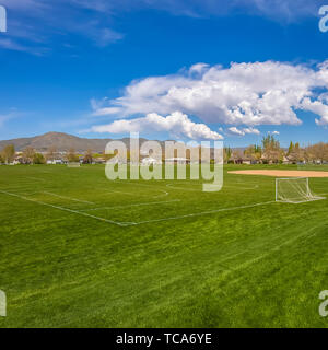 Frame Square Soccer field and ballpark with trees and houses on the ...