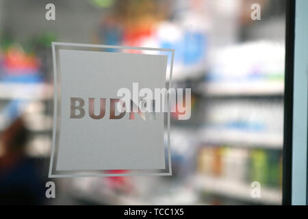 Offenburg, Germany. 03rd June, 2019. The logo "Budni" of the Hamburg ...