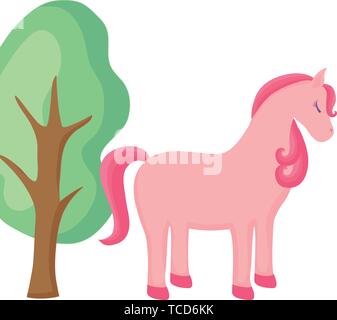 cute unicorn animal with tree plant vector illustration design Stock ...