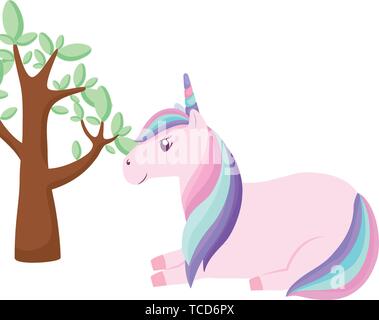 cute unicorn animal with tree plant vector illustration design Stock ...