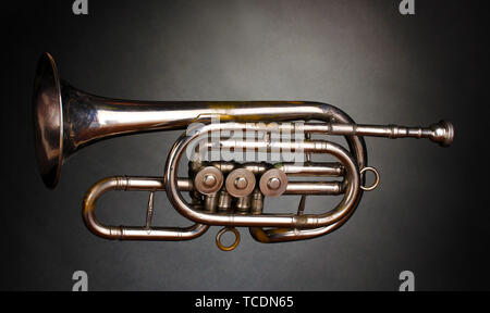 old trumpet on gray background Stock Photo - Alamy