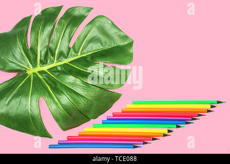 School supplies, stationery on pink background. Pens pencils notepad ...