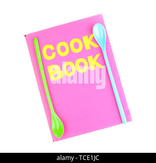 Pink cookbook and kitchenware isolated on white Stock Photo - Alamy