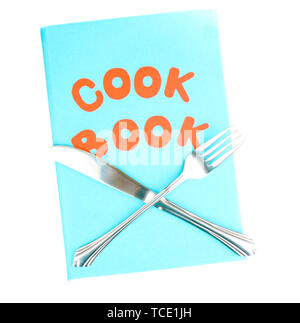 Blue cookbook and kitchenware isolated on white Stock Photo - Alamy