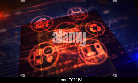 IOT - internet of things symbols hologram over working cpu in background. Circuit board 3d ...