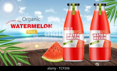 Watermelon juice bottles Vector realistic. Product placement label ...