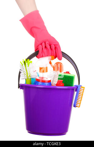 Bucket with cleaning items in hand isolated on white Stock Photo - Alamy