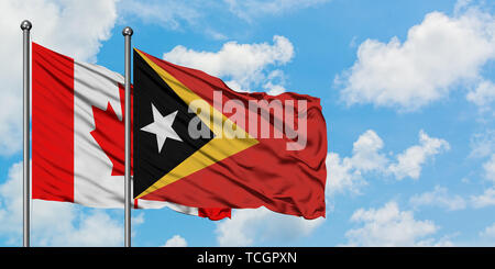 East Timor and Canada flag waving in the wind against white cloudy blue ...