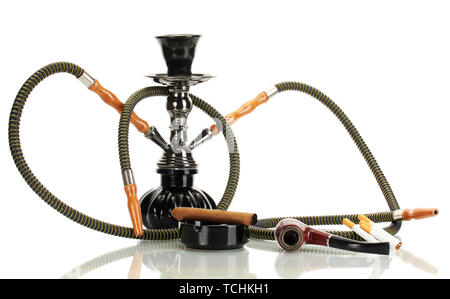 Smoking tools - a hookah, cigar, cigarette and pipe isolated on white ...