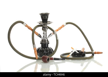 Smoking tools - a hookah, cigar, cigarette and pipe isolated on white ...