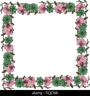 Hand drawn doodle style orchid and succulent square wreath. floral ...