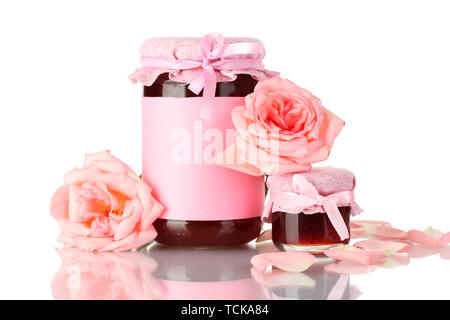 jars with rose jam and flowers isolated on white Stock Photo - Alamy