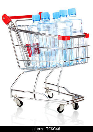 Bottles of water in trolley isolated on white background with clipping ...